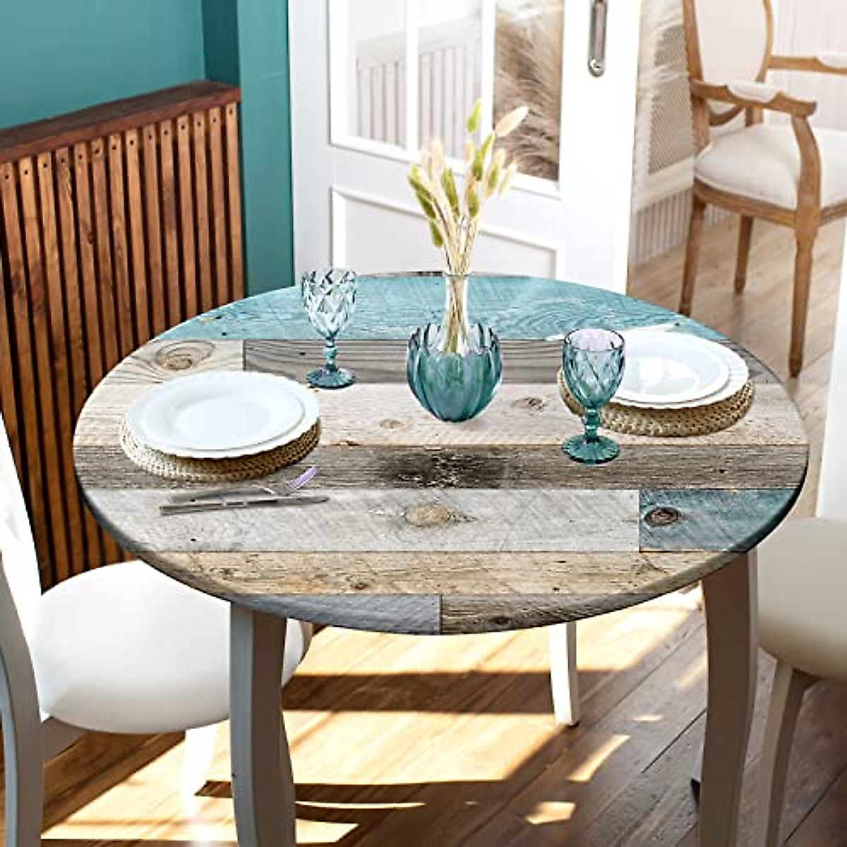 Eiuflka Farmhouse Round Tablecloth Wood Texture Tablecloths Elastic Fitted Indoor Outdoor Round Table Cover Washable Reusable Tablecloths for Kitchen Picnic Party