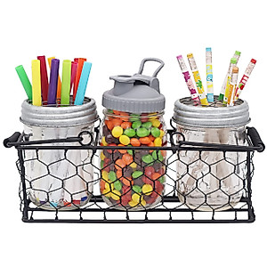 Mason Jar Lifestyle Caddy for 3 Pint Mason Jars in Chicken Wire with Wire Wrapped Handles