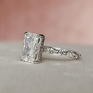 3.50 Carat Radiant Hidden Hidden Halo Engagement Ring, Dainty Moissanite Engagement Ring with Alternating Side Diamonds, Radiant Cut Diamond Engagement Ring in 14K White Gold, Ring Size - 7