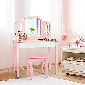 KOTEK Kids Vanity Set w/Tri-Folding Mirror, Princess Makeup Dressing Table w/Detachable Top & Drawer, 2-in-1 Vanity Table and Chair Set, Pretend Beauty Play Vanity for Girls (Pink)