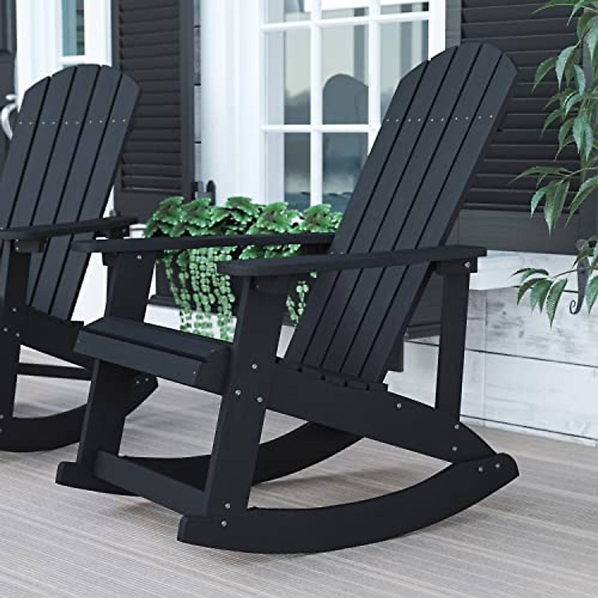 Flash Furniture Savannah Poly Resin Wood Adirondack Rocking Chair - All Weather Black Polystyrene - Stainless Steel Hardware