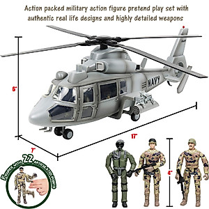 Click N' Play Military Aerial Rocket Helicopter 24 Piece Playset with Accessories - Great Army Toys Action Figures for Kids and Boys Ages 4-7 8 - 12 | Model Vehicle Helicopter Silver