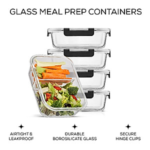 JoyJolt Divided Food Storage Containers with Lids Airtight. 5 Pack Glass Meal Prep Containers 2 Compartment Set Glass Bento Box. Reusable Food Containers, Portion Control Containers for Weight Loss