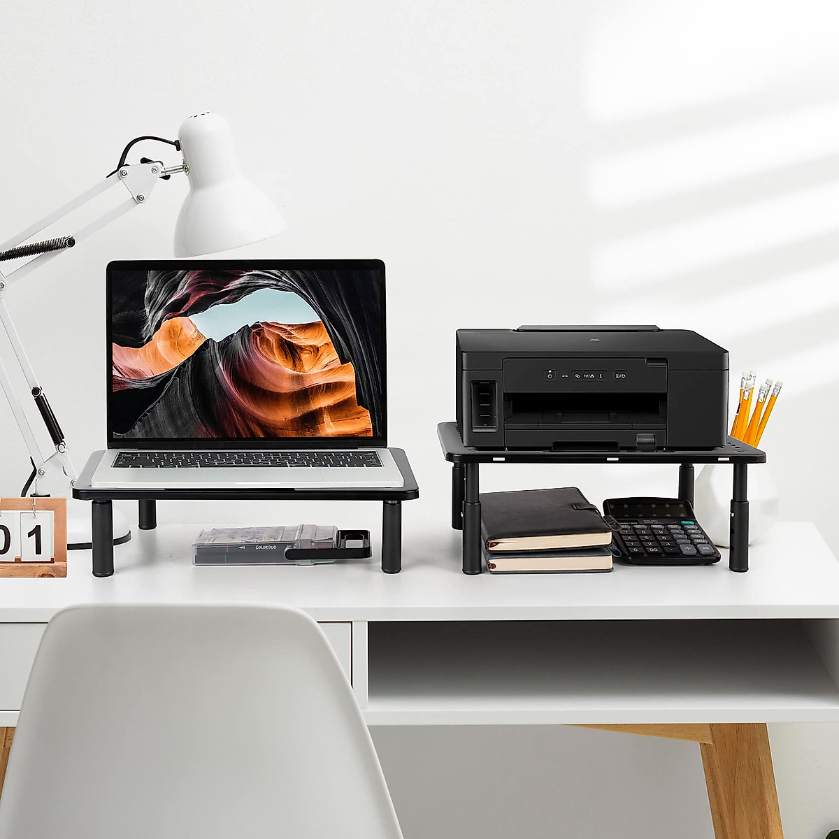 Across-Star 2 Pack Desktop Computer Riser For Monitor With Pen Slot,3 Height Adjustable Monitor Stand Riser With Airflow Vents, Metal Desk Riser Shelf Organizer For Laptop Printer TV(Black)