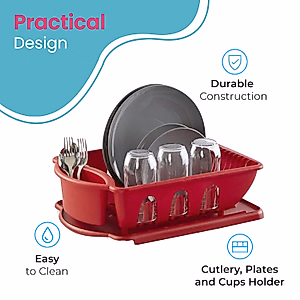 Sturdy Hard Plastic Red Sink Set Dish Rack with Drainer & Drainboard, Easy to Clean with Snap Lock Tab Cup Holders for Home Kitchen Sink Organizer (Red, Medium)