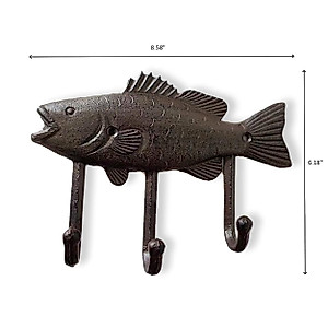 The Bridge Collection 8 1/2" Bass Fish with Hooks - Key Wall Hanger - Bass Fish Coat Hanger - Brown Key Holders - Nautical Key Holder - Gift for Fishermen and Fish Lovers - Decorative Bass Coathanger