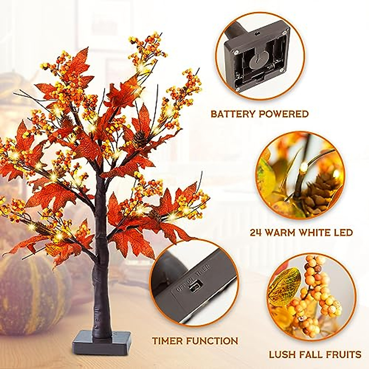 Ethlomoer 2 Pack 24 Inch Artificial Fall Maple Tree, Prelit 48 LEDs for Thanksgiving Decorations Fall Decor, Battery Operated with Timer, Lighted Autumn Tabletop Tree for Harvest Home Indoor Decor