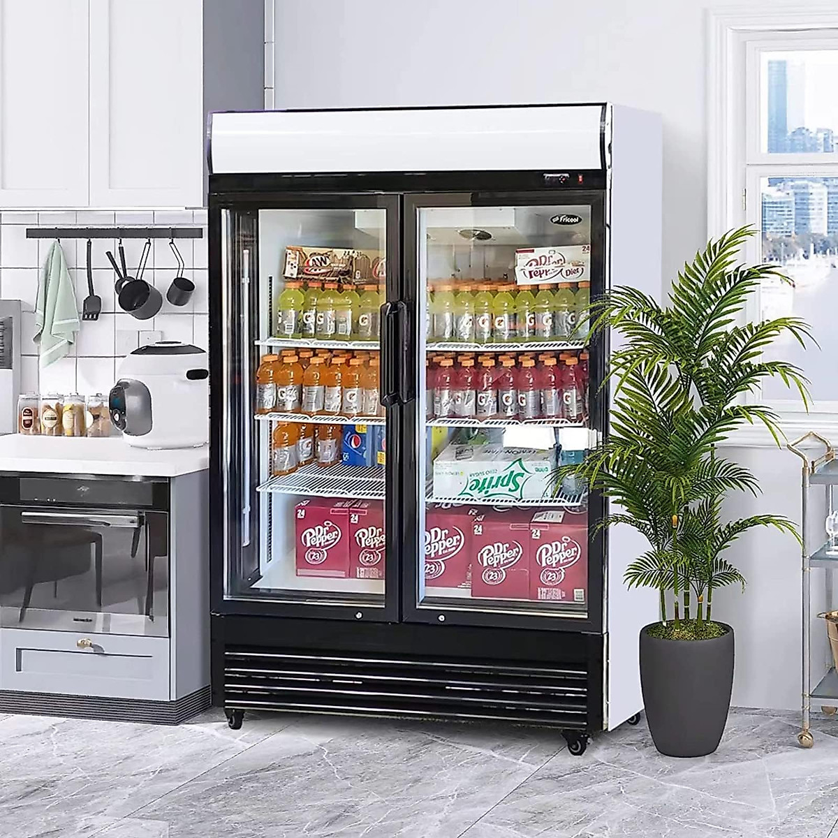 FRICOOL Merchandiser Refrigerator with 2 Glass Doors, 31 cu ft Beverage Display Cooler, Upright Fridge with LED Lighting, Adjustable Shelves for Beverages, Beer and Drinks, Swing Door, Black