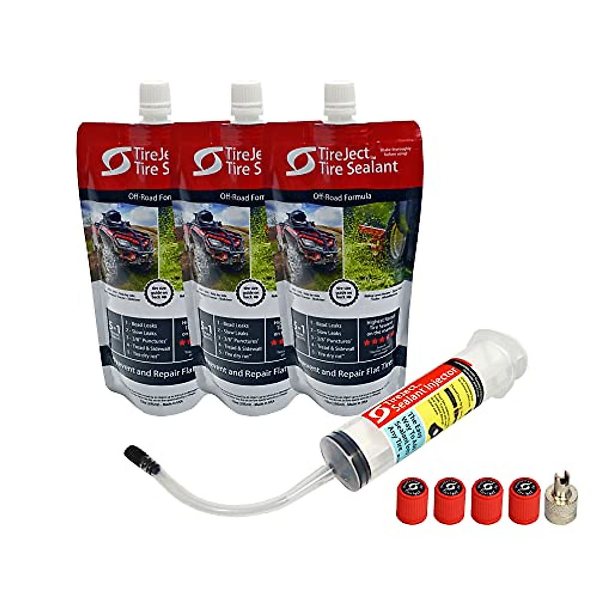 Lawn Mower Off-Road Tire Sealant - Flat Tire Protection Kit with Sealant Injector - 5-in-1 Tire Repair & Prevent Flat Tires caused by bead leaks, punctures, minor dry rot - Extend Tire Life