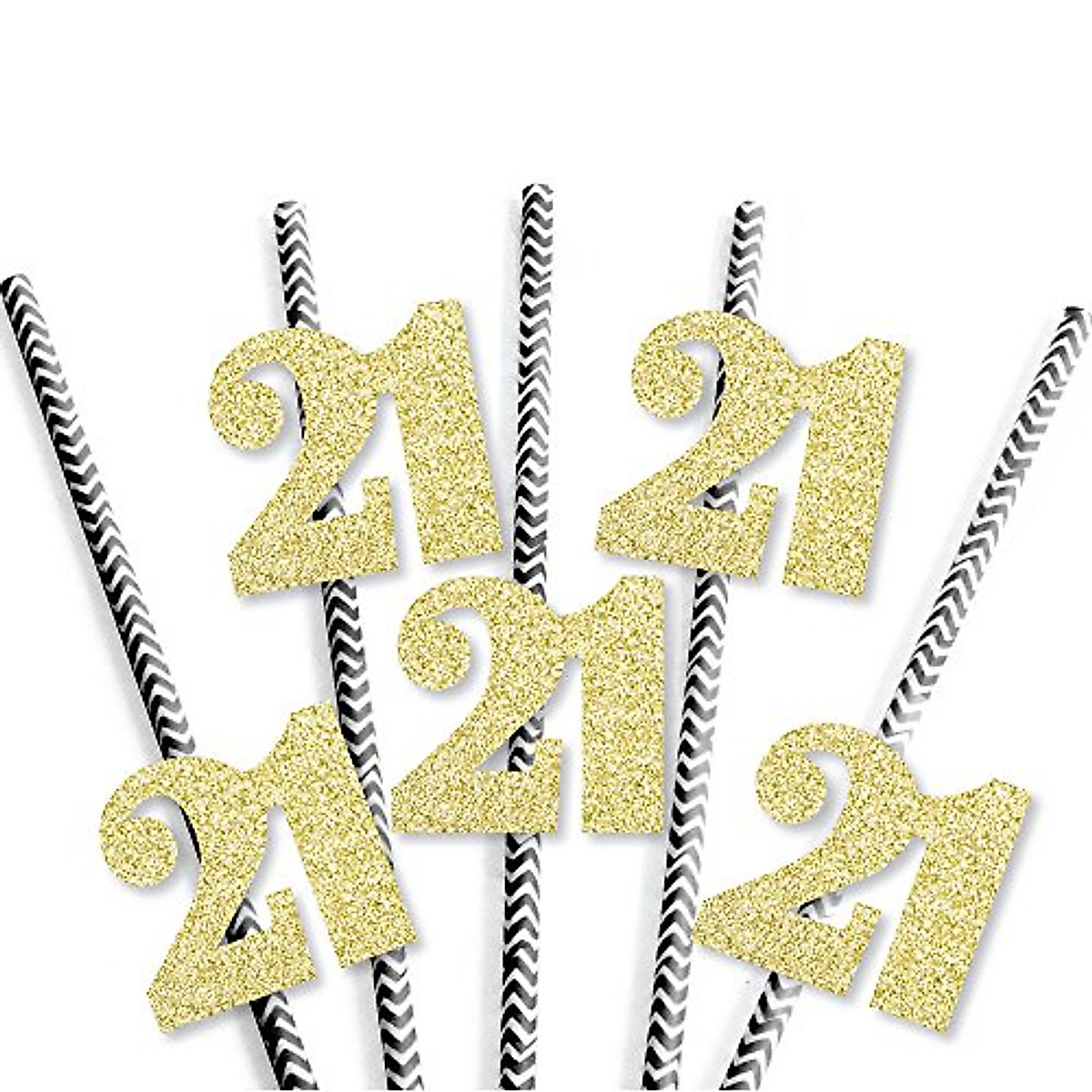 Gold Glitter 21 Party Straws - No-Mess Real Gold Glitter Cut-Out Numbers & Decorative 21st Birthday Party Paper Straws - Set of 24