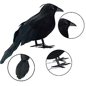 Realistic Crow, 6 PCS Halloween Black Feathered Crow Decoys Ravens Outdoor Halloween Decorations Props Décor, Standing Flying Birds for Tree Haunted House Graveyard Tombstone Display