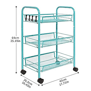Ruishetop Rolling Push Cart Stand Shelves, Storage Rack with Wheels with Mesh Wire Basket, Multifunction Metal Trolley Organizer for Home, Office, Bedroom, Bathroom, Kitchen (3-Tier Rack Blue)