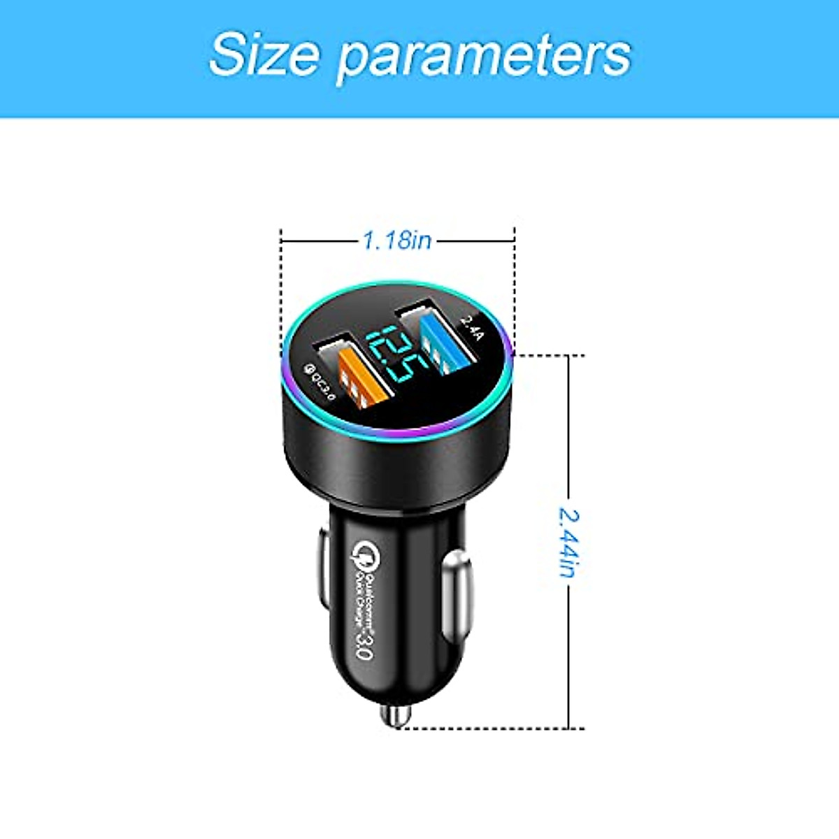 USB C Car Charger Adapter, Dual QC3.0 Ports Car Charger, All Metal Quick Charge with LED Voltage Display, Cigarette Lighter Car Adapter, Compatible with iPhone11 pro/Xs/Max, Galaxy Note 8/S9 and More