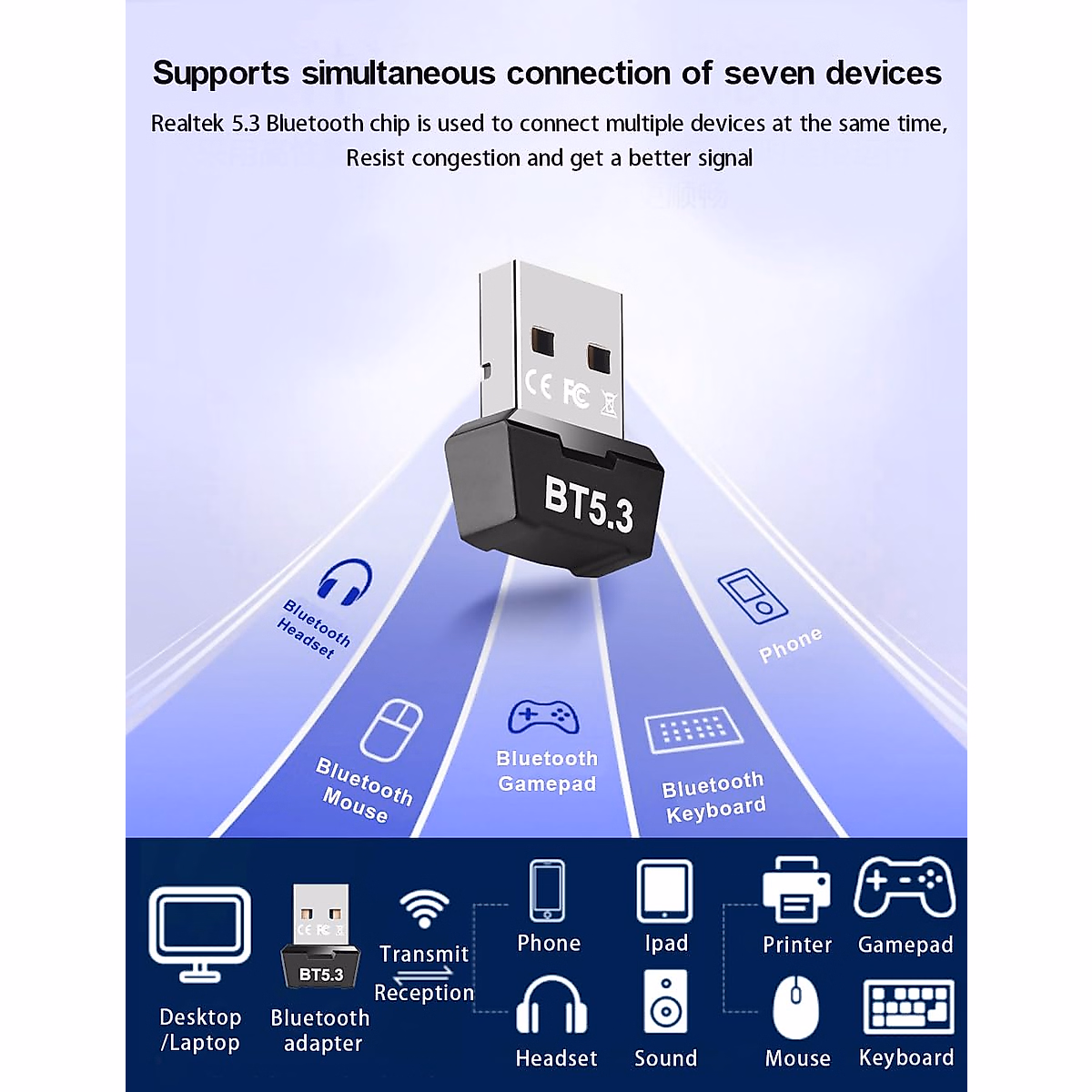 GAROGYI USB Bluetooth 5.3 Adapter for PC, Supports Windows 11/10/8.1/7,5.3+EDR Bluetooth Wireless Transmitter Receiver for Desktop, Laptop, Mouse, Keyboard, Printers, Headsets (Black)