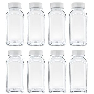 8 Pcs 8 Ounce Plastic Juice Bottles, Reusable Bulk Beverage Containers for Juice, Milk and Other Beverages, White lid