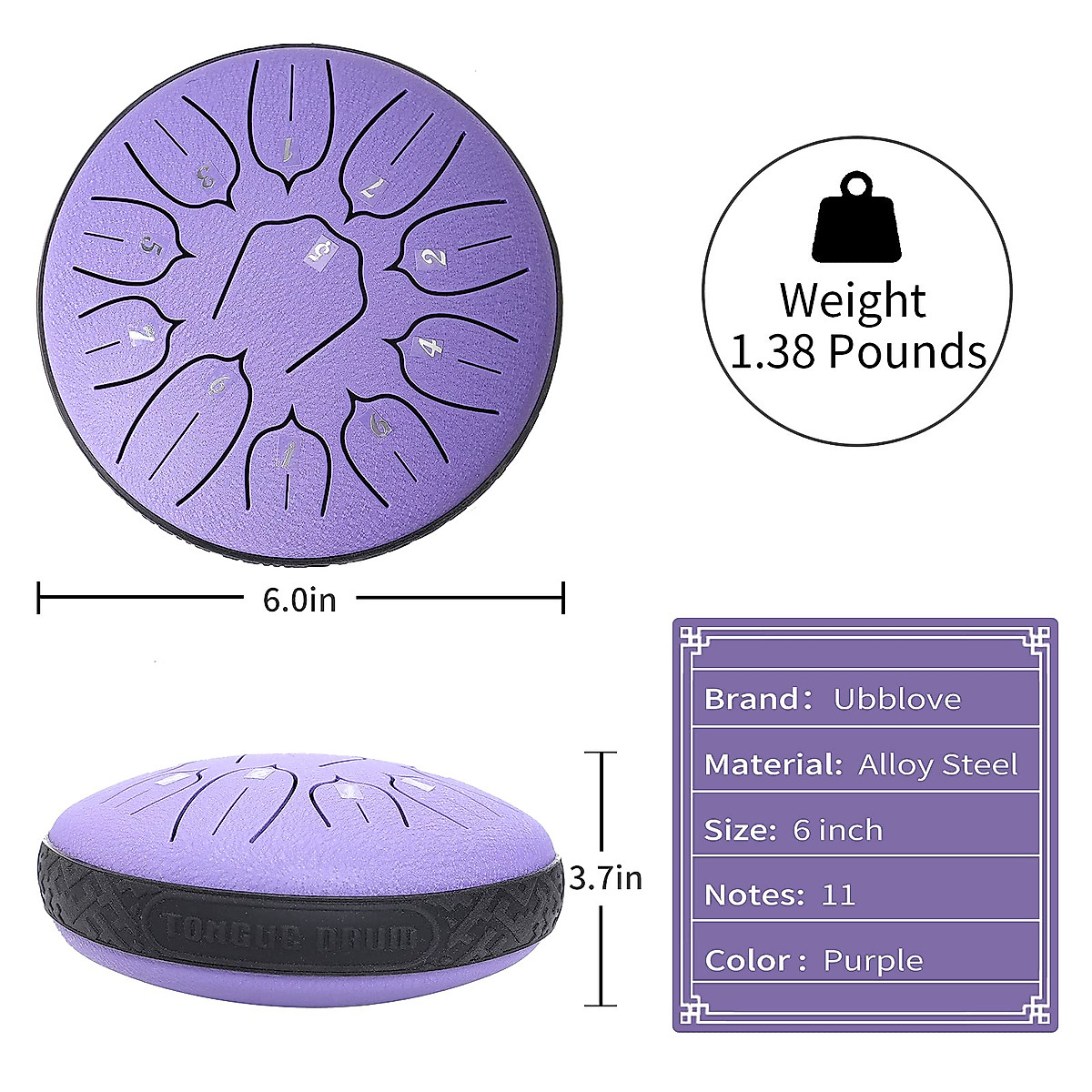 Steel Tongue Drum, Ubblove Handpan Drum 11 Notes 6 inch Percussion Instruments with Mallets Bag for Meditation Musical Education Concert Party Gifts - Purple
