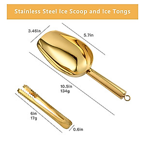 Stainless Steel Ice Scoop and Ice Tongs, Akamino Small Round Bottom Bar Ice Flour Utility Scoop & Buffet Clip Kitchen Bar BBQ Party Wedding, Gold