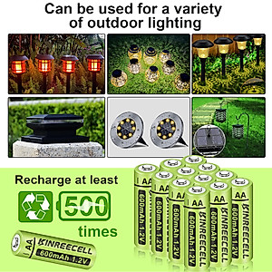 KINREECELL Rechargeable AA Batteries, Ni-MH Double A Solar Batteries High Capacity 1.2V Pre-Charged for Outdoor Solar Lights, String Lights Pathway Lights (AA-600mAh-12pack)