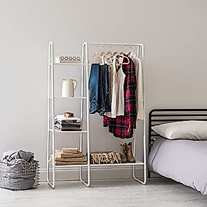 IRIS USA Clothes Rack with 4 Metal Shelves, Freestanding Clothing Racks for Hanging Clothes, Easy to Assemble, Standing Metal Sturdy Garment and Accessories Rack, Small Space Storage Solution, White