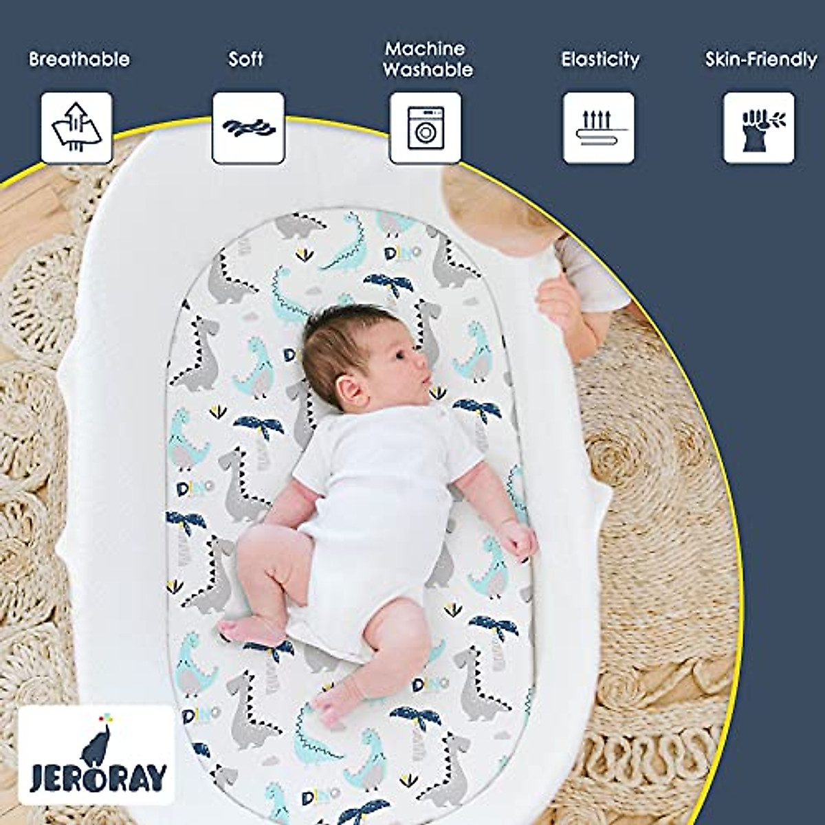 Bassinet Sheets JERORAY for Girls and Boys, 2 Pack Stretchy Ultra Soft Jersey Knit Bassinet Mattress Pad Cover, Grey Dinosaur