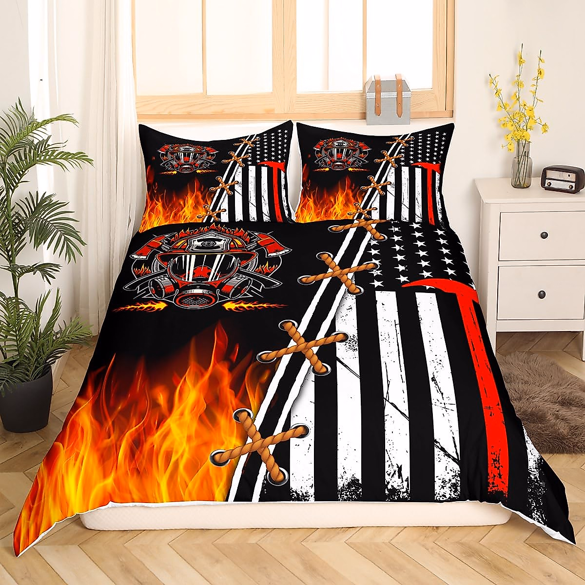 Teens Fireman Duvet Cover Set,Kids Retro American Flag Bedding Set King Size,Red and Black Comforter Cover for Boys Bedroom Decor,Flame Quilt Cover with 2 Pillow Cases(No Comforter)