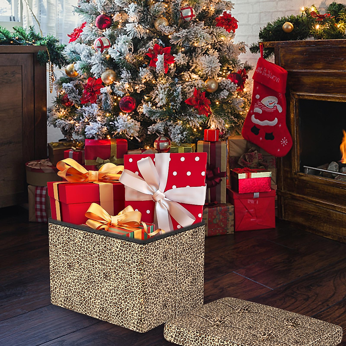 eMOUSE Storage Ottoman Bench Foldable Footrest Stool Seat for Bedroom and Living Room Small Bench Foot Stool Rectangle Cube Leopard L17W13H13IN…