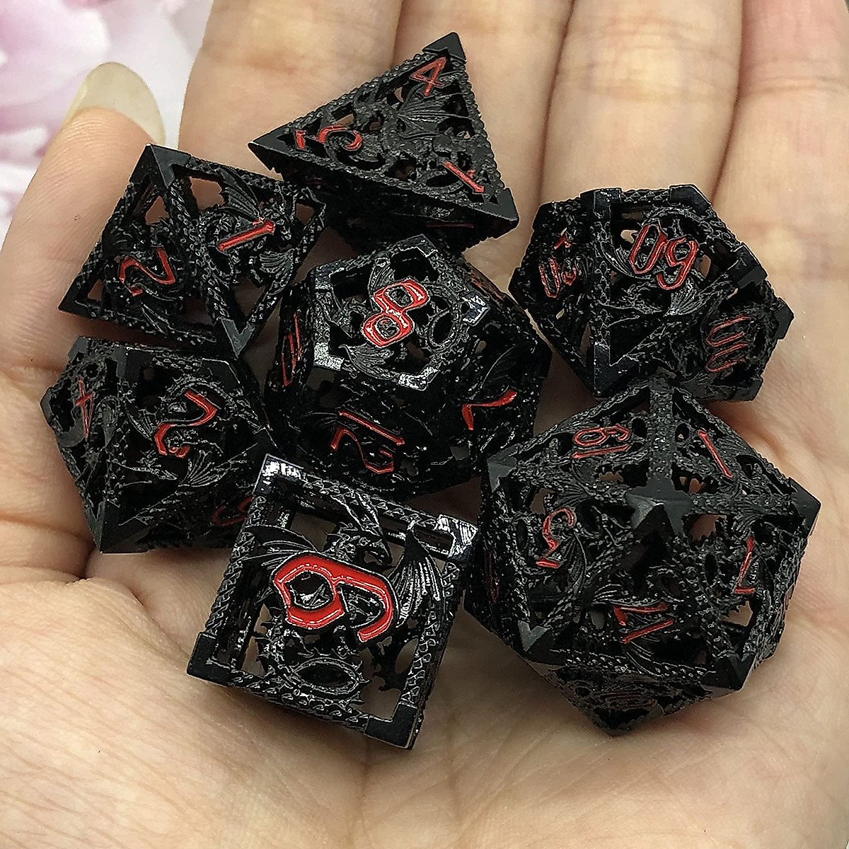 DND Metal Hollow Dragon Dice Set - D&D Black Red Polyhedral Dice (Free Metal Box) Suitable for Pathfinder RPG Board Game Dice (Black Red)