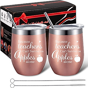 2 Pieces Teacher Can't Survive on Apples Alone, Thank You Teacher Appreciation Gift for Women Funny Birthday Christmas Thanksgiving Teacher Gifts 12 oz Wine Tumbler with Straw and Cleaning Brush