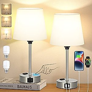 Table Lamps for Bedrooms Set of 2 Bedside - Nightstand Bedroom Lamp with USB C Port and AC Outlet Charging, Dimmable Touch Small End Side Lamp, White Night Stand Light for Kid/Guest Room/Living Room