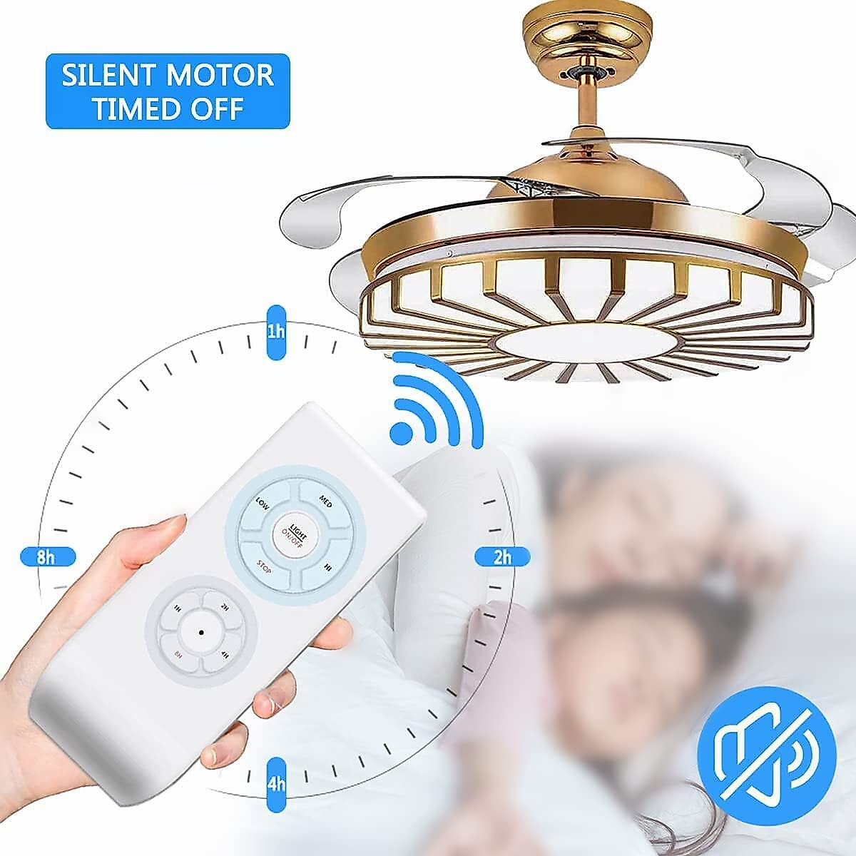 JSDTAN 42" Modern Ceiling Fan Light, Stripes LED 3 Colors Lighting with Remote Control Fixture Ceiling Fan Lights Retractable Invisible Blades Mute Motor for Bedroom Living Room Dining Room