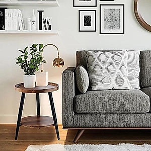 FANTERSI Small Round Side Table, 2-Tier Mid Century Modern Side Table, Round End Table Small Side Table for Living Room, Metal Frames, Brown