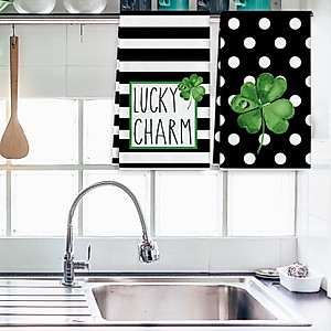 AnyDesign St. Patrick's Day Kitchen Towel Lucky Shamrock Clover Dish Towel White Black Stripes Dots Hand Drying Tea Towel for Cooking Baking Cleaning Wipes, 18 x 28 Inch, Set of 2