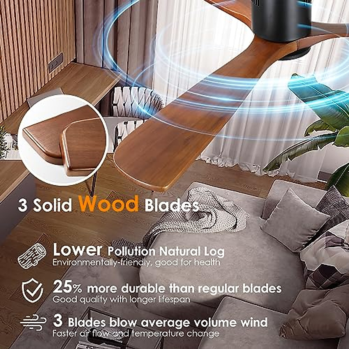 Mpayel 60" Ceiling Fan, Flush Mount Outdoor Ceiling Fan with 3 Walnut Wood Blades, Reversible and Timing, No Light for Indoor Bedroom, Outdoor Covered Patios, Backyard