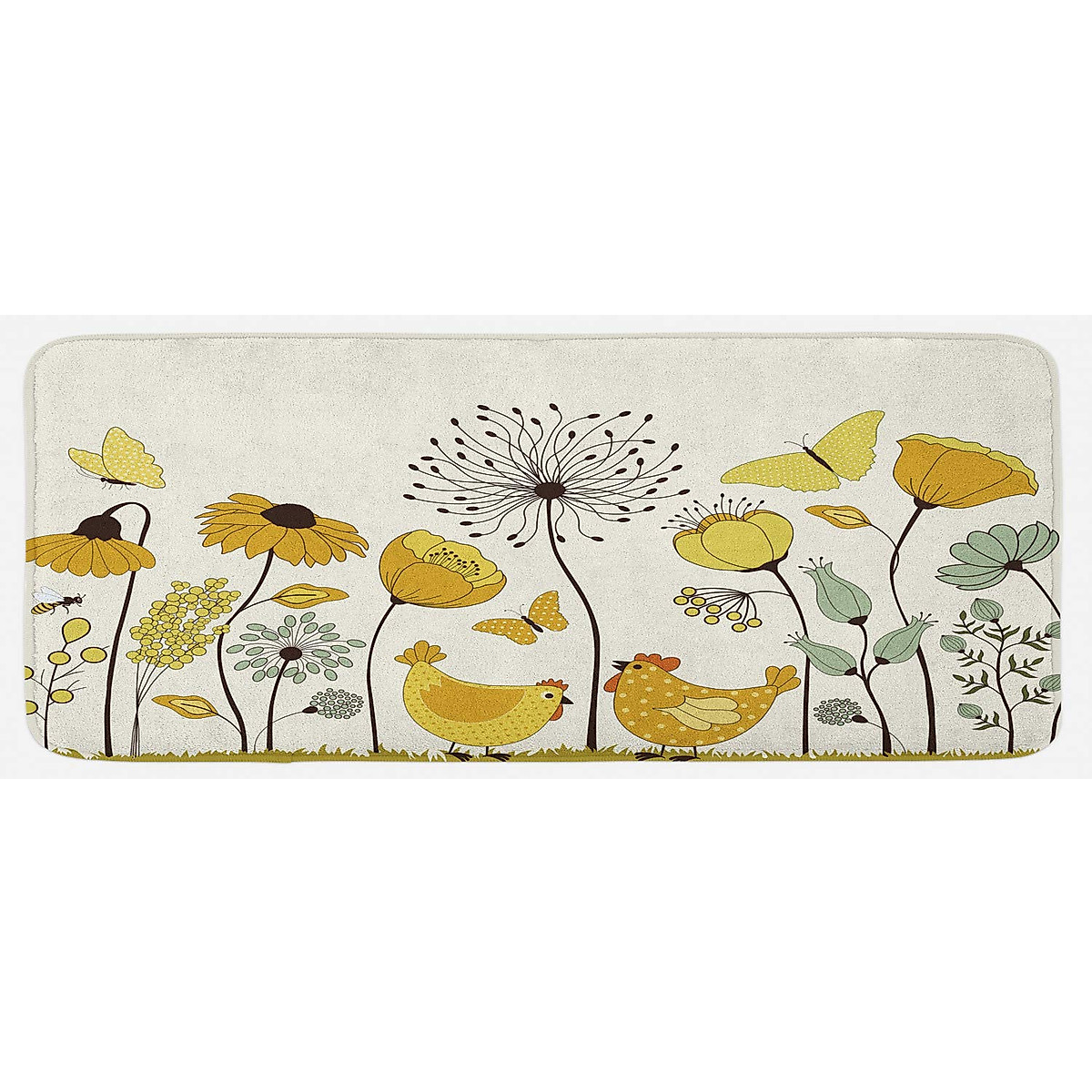 Lunarable Spring Kitchen Mat, Polka Dotted Chicken and Hen Flying Butterflies Among Spring Flowers, Plush Decorative Kitchen Mat with Non Slip Backing, 47" X 19", Yellow Mustard