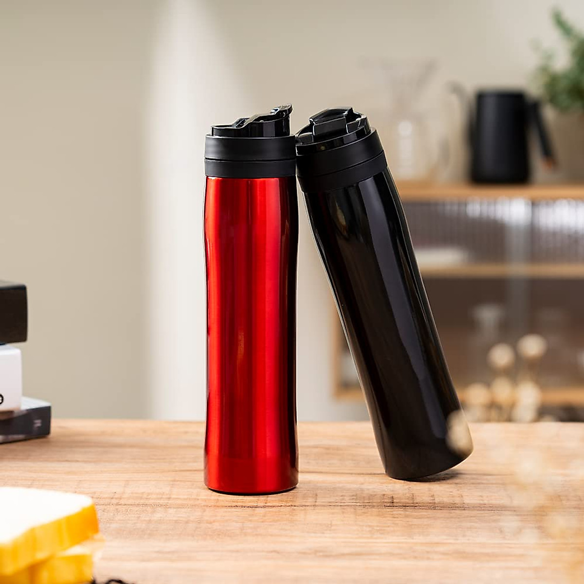 BENFUCHEN Portable Coffee Maker Stainless Steel Insulated Double Wall Vacuum Car Travel French Press Tea Maker Coffee Pot Outdoor Coffee Mug Cup With Stainless Steel Spoon, 350ML/12OZ, Red