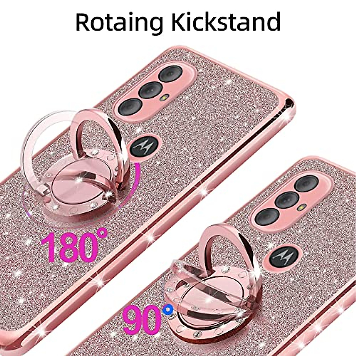 KuDiNi for Moto g Pure Phone Case, Moto g Power 2022 Case Moto G Play 2023 Case for Women Glitter Clear TPU Luxury Bling Protective Cover with Kickstand Strap for Moto g Pure(Glitter Rose)