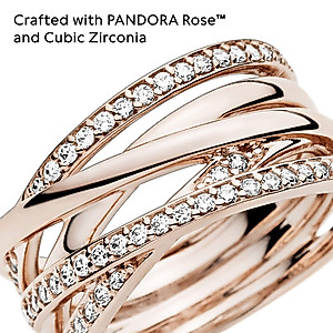 Pandora Sparkling & Polished Lines Entwined Ring - Rose Gold Ring for Women - Chic Cocktail Ring - Gift for Her - 14k Rose Gold-Plated Rose with Cubic Zirconia - Size 7.5