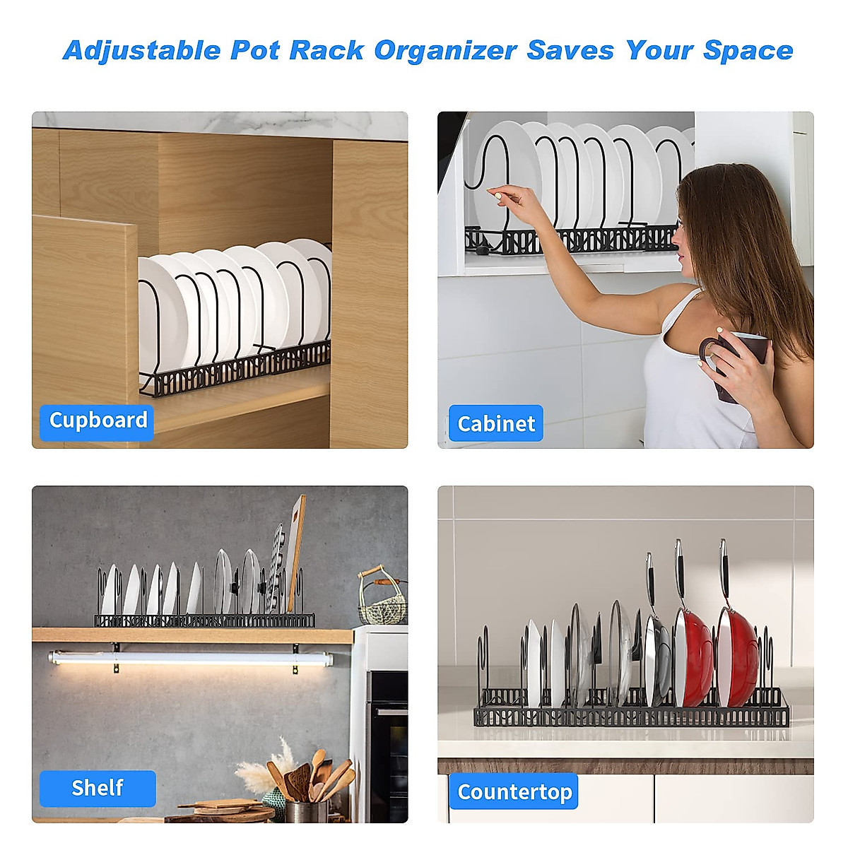 Pot Rack Organizer for Under Cabinet-Expandable Pots and Pans Organizer with 10 Dividers & 2 DIY Methods,Pots Lid Organizer Holder for Kitchen Cookware,Cookie Sheet Organizer Rack for Cabinet