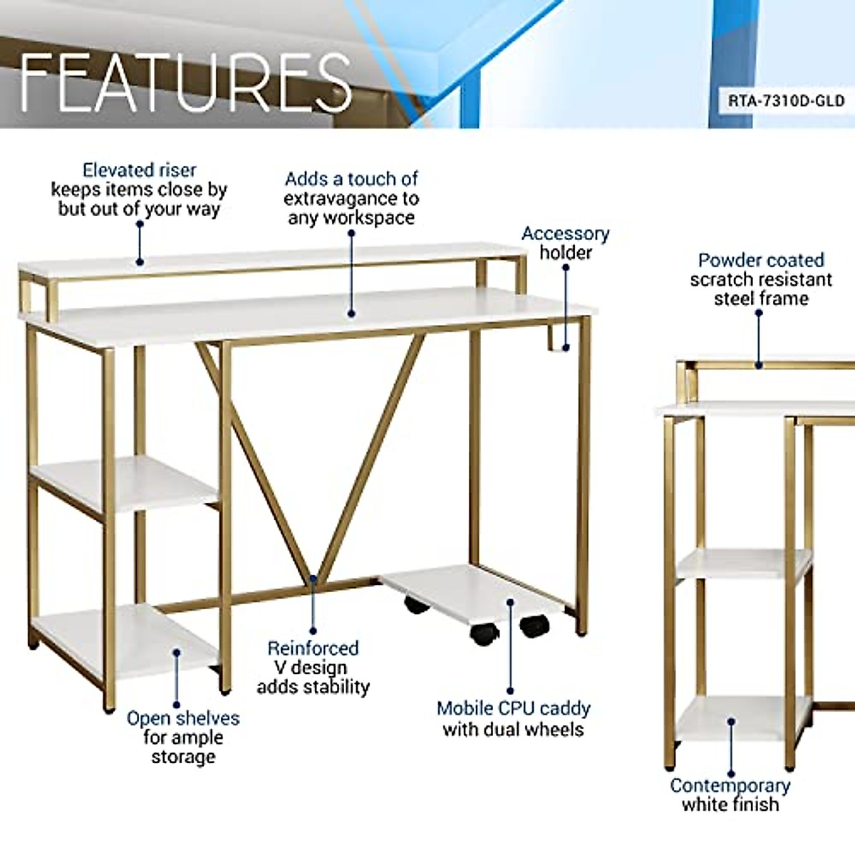 Techni Mobili Computer Desk - Industrial Writing Desk with Storage Shelves, Monitor Stand, & Accessory Holder - Home Office Laptop Computer Table with CPU Caddy & 2-Tier Small Bookshelf Space