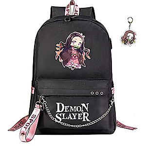 SodaMeow Anime Backpack Bag Nezuko Backpack Tanjiro Kimetsu no Yaiba, Free Keychain, with USB Charging Port (Black-A)…