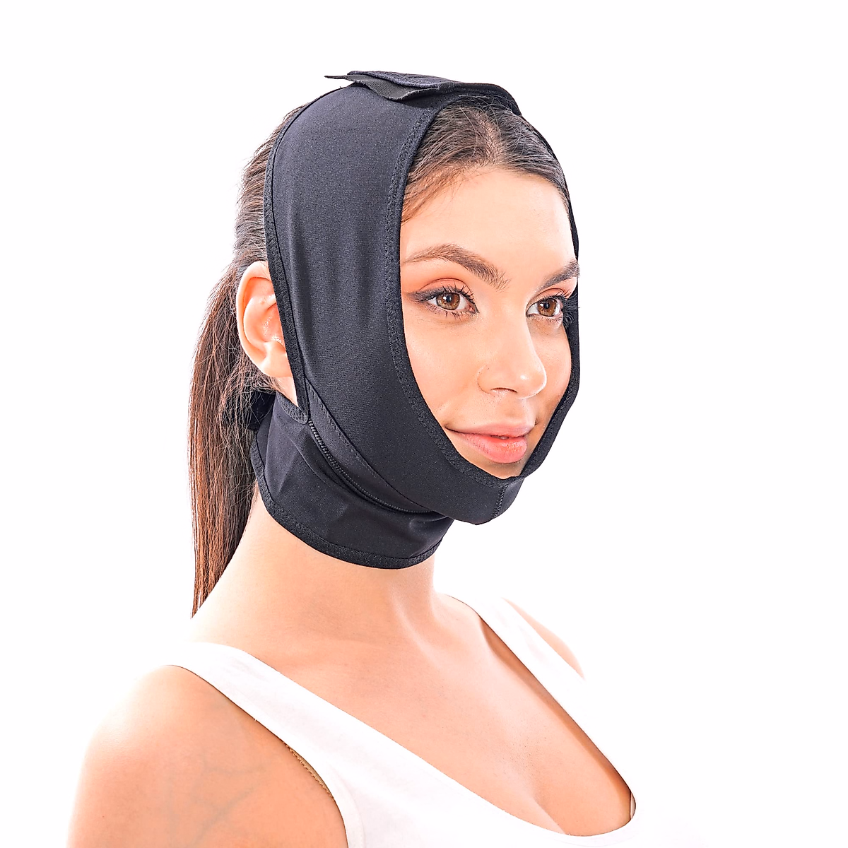 Post Surgery Facial Compression Neck Coverage Chin Strap, V-Shaped Face Slimmer, Jowl Tightening Chin Lifting Double Chin Reducer Band (M/L, Black)