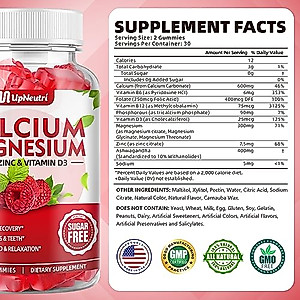 Calcium Magnesium Zinc with Vitamin D3 Gummies, Sugar Free Calcium Supplements for Women Men, High Absorption Zinc Gummies for Bone & Muscle & Immune Health, Vegan Raspberry Flavor - 120 Count