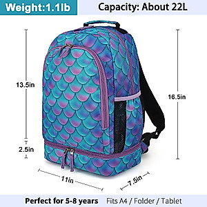 DIPUG Kids School Backpack for Boys and Girls, Mermaid Toddler Bookbag with Lunch Box Compartment