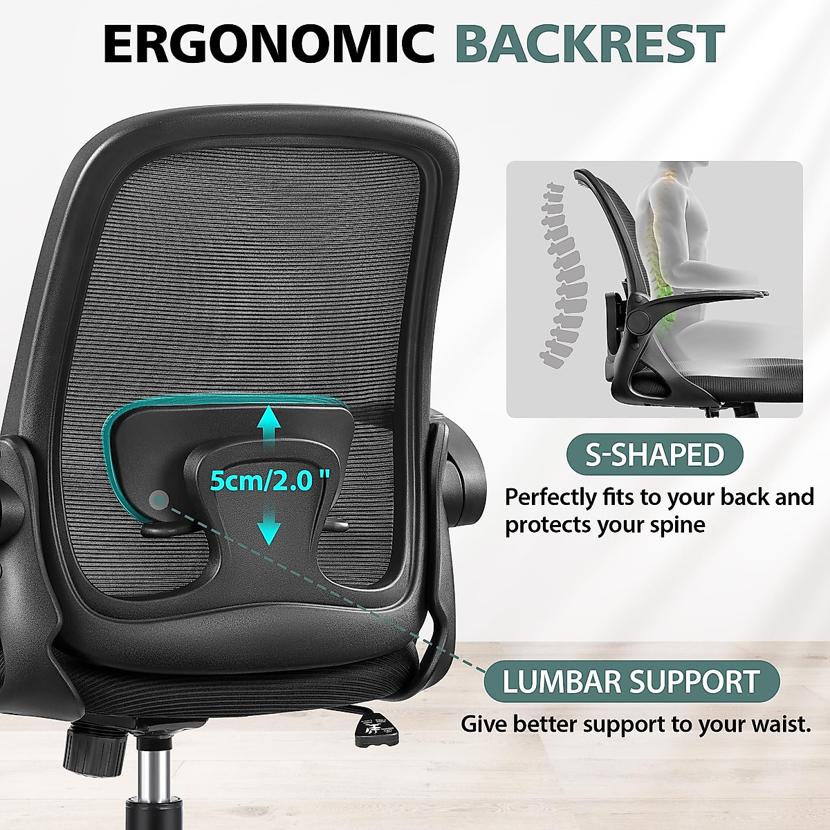 Winrise Office Chair Ergonomic Desk Chairs with Lumbar Support and Flip-up Arms, Comfortable Breathable Mesh Computer Executive Chair with Swivel Task, Adjustable Height 4'', Home - Black