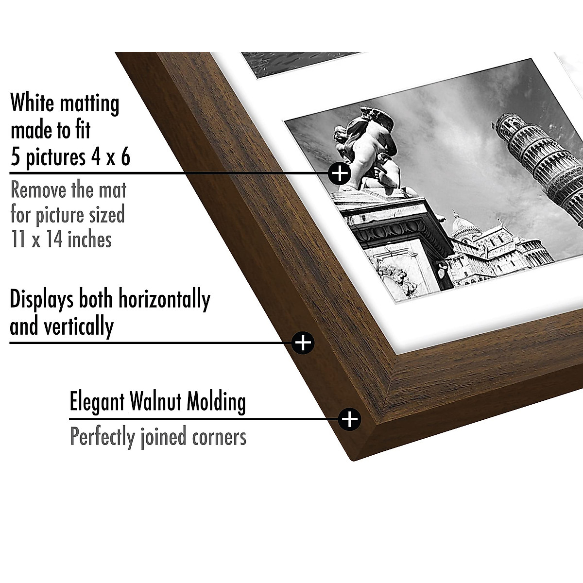 Americanflat 11x14 Collage Picture Frame in Walnut - Displays Five 4x6 Frame Openings or Use as 11x14 Picture Frame Without Mat - Engineered Wood, Shatter Resistant Glass, and Includes Hanging Hardware