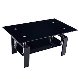 BCGUANG Rectangular Glass Dining Table,2-Tier Kitchen Table with Storage and Stainless Steel Legs, Coffee Table Set for Dinner Room (Black)