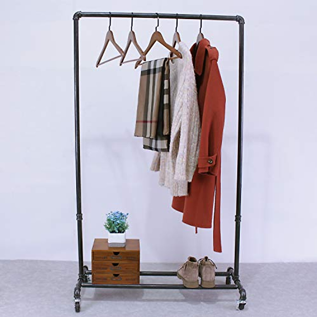 MBQQ Industrial Pipe Clothing Racks on Wheels,35in Length Heavy Duty Garment Racks Commercial Grade,Vintage Rolling Ballet Rack Clothes Display Rack Retail Display,Black Brush Silver