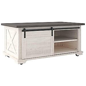 Signature Design by Ashley Dorrinson Farmhouse Coffee Table with Sliding Barn Doors, Antique White & Brown