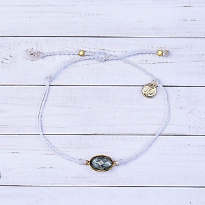 Pura Vida Gold Oval Labradorite Bracelet - Plated Charm, Adjustable Band - 100% Waterproof - White