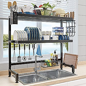 NETEL Over The Sink Dish Drying Rack, 3-Tier（25.6"） , Stainless Steel Dish Drainer with Cutting Board Holder, Large Dish Rack for Kitchen Counter Organizer Space Saver (Sink Size≤24inch, Black)
